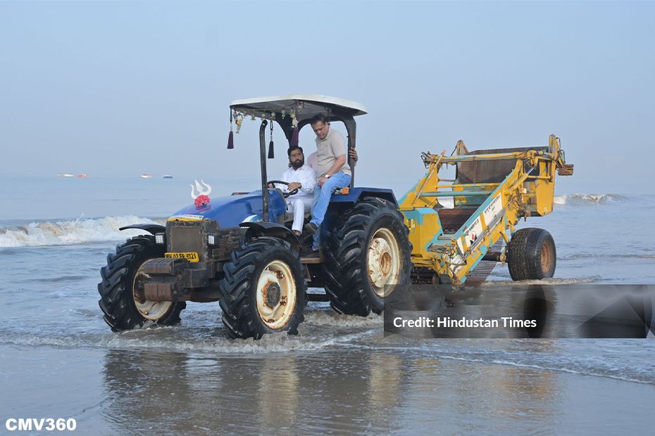 Maharashtra CM Eknath Shinde Drives a Tractor to Clean Juhu Beach